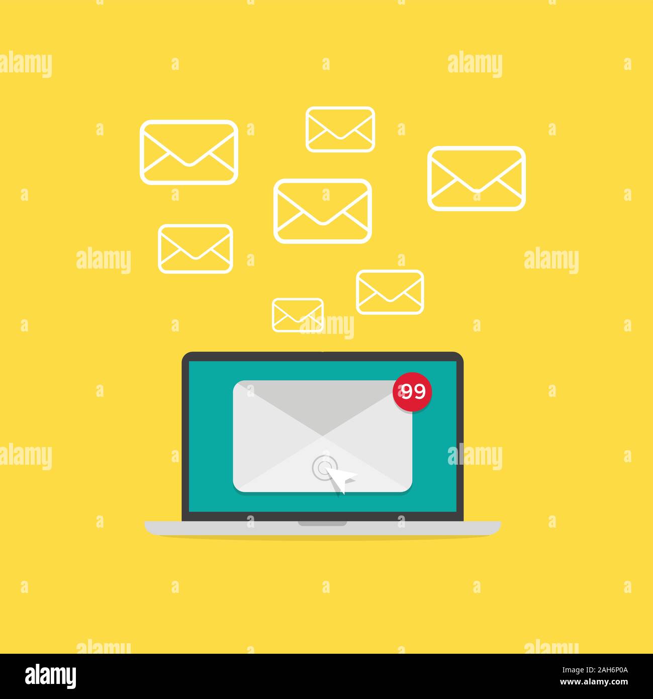 Laptop with envelope and open email on screen. Full email marketing ...