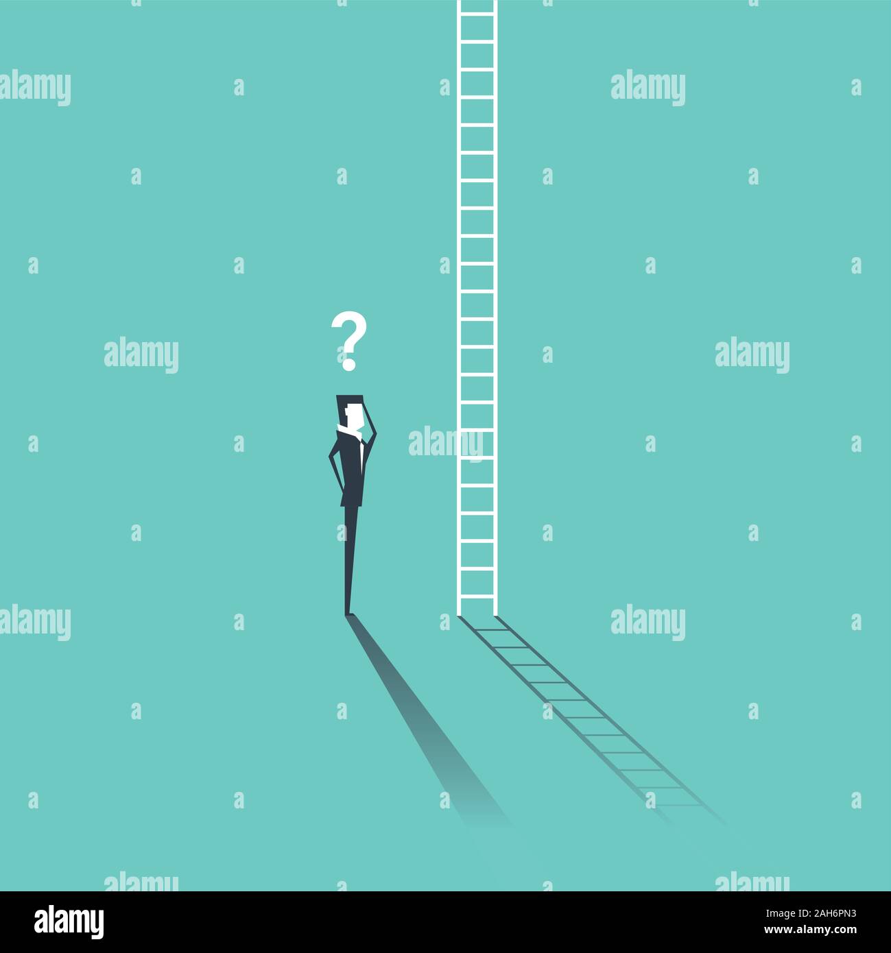 Businessman looking at a ladder going up the cloud with a question mark ...