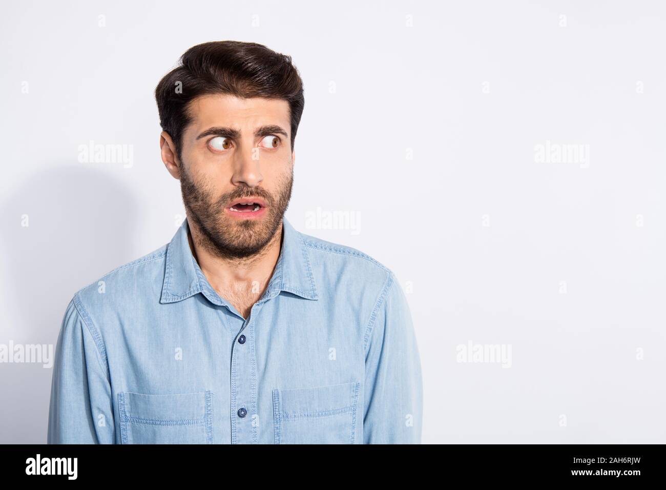 Close up photo of amazing multiethnic guy looking side empty space not ...