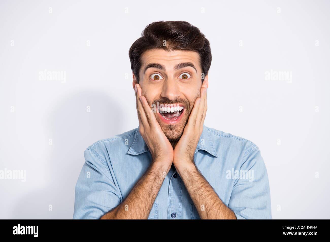 Close Up Photo Of Amazing Arab Macho Guy With Open Mouth Watching Sale