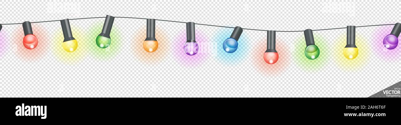 illustration of seamless light bulbs string with different colors with transparency in vector ...
