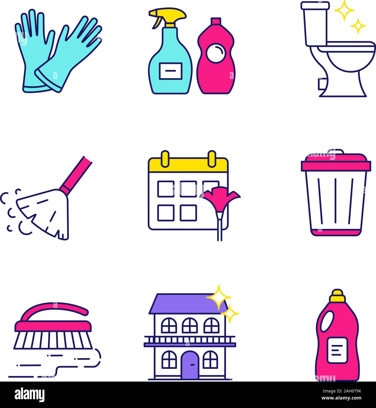 Cleaning service color icons set. Household gloves, detergents, tidy ...