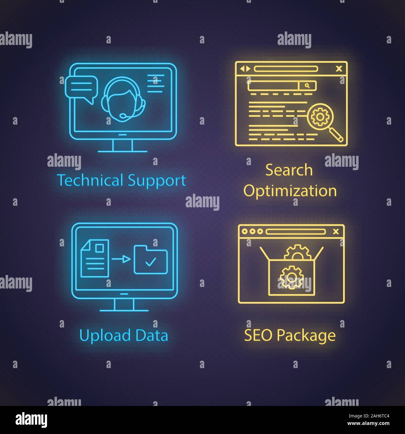 SEO neon light icons set. Technical support, search optimization ...