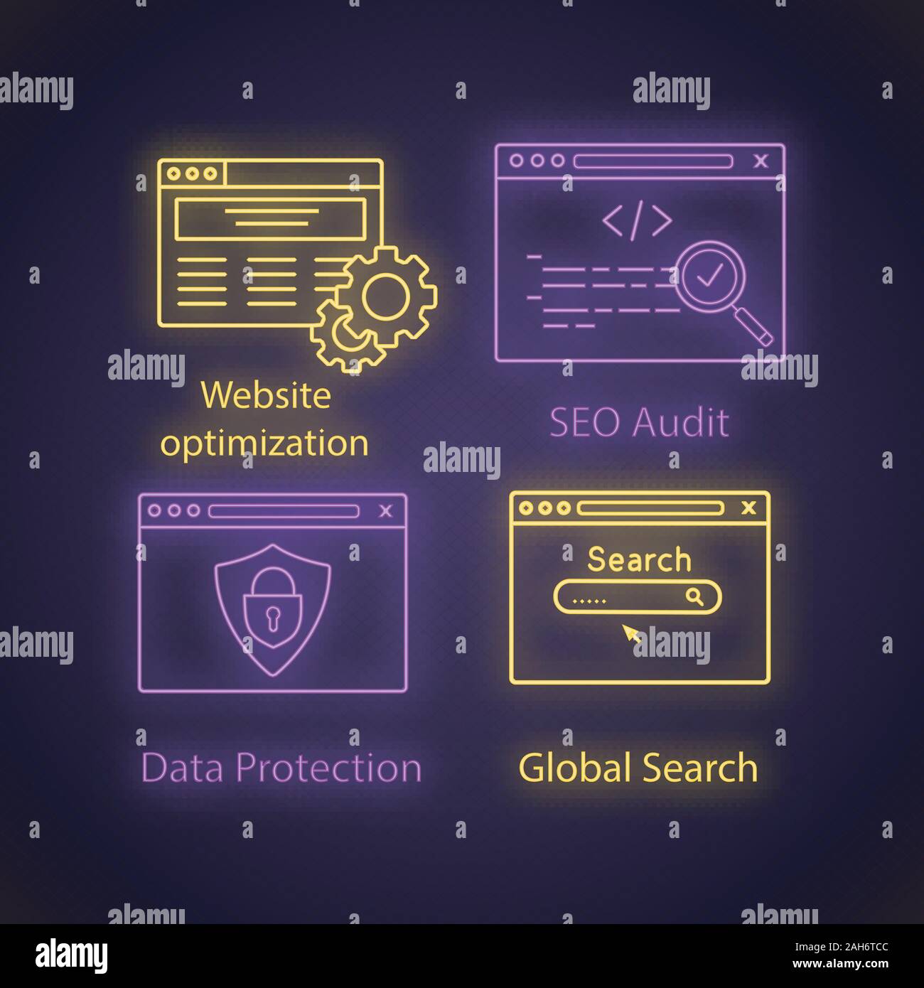 SEO neon light icons set. Website optimization, SEO audit, data ...