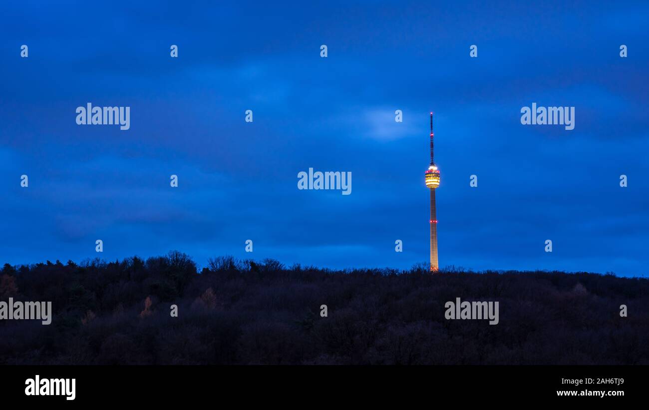 Germany, Blue night sky over famous tv tower building, a skyscraper of ...