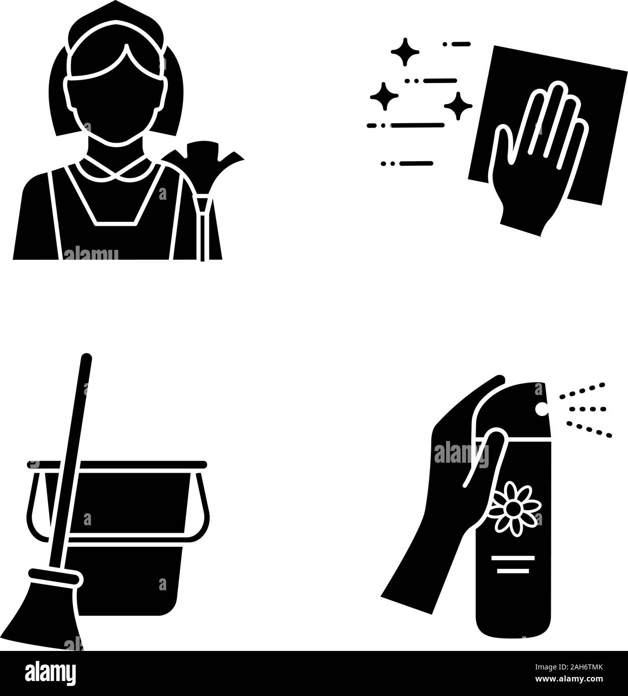 Cleaning service glyph icons set. Maid, cleaning napkin, broom and ...