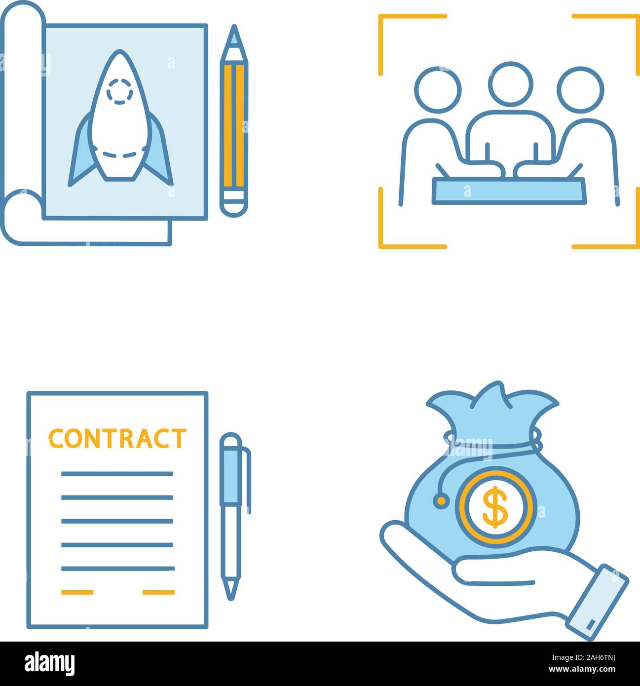 Startup color icons set. Prototype design, businessmen, contract ...