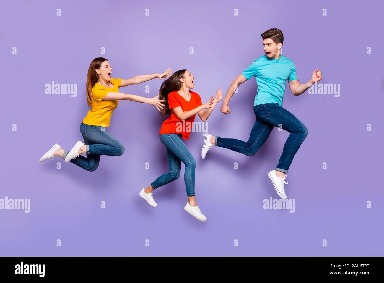 Full length side profile view photo of one unhappy shocked hipster ...