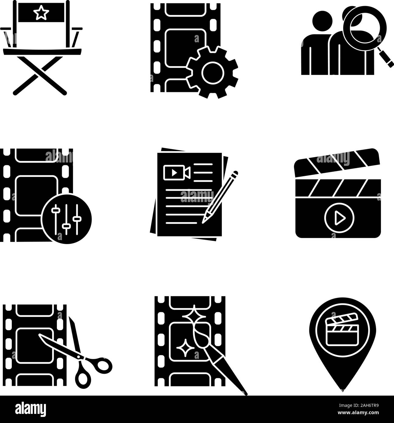 Film industry glyph icons set. Video settings, director's chair ...