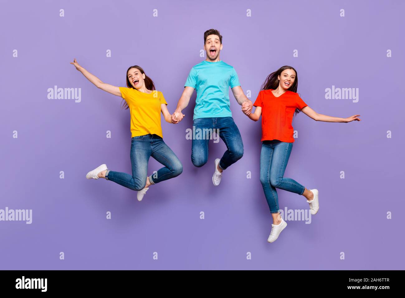 Full length size body photo of three group of persons, having funky ...