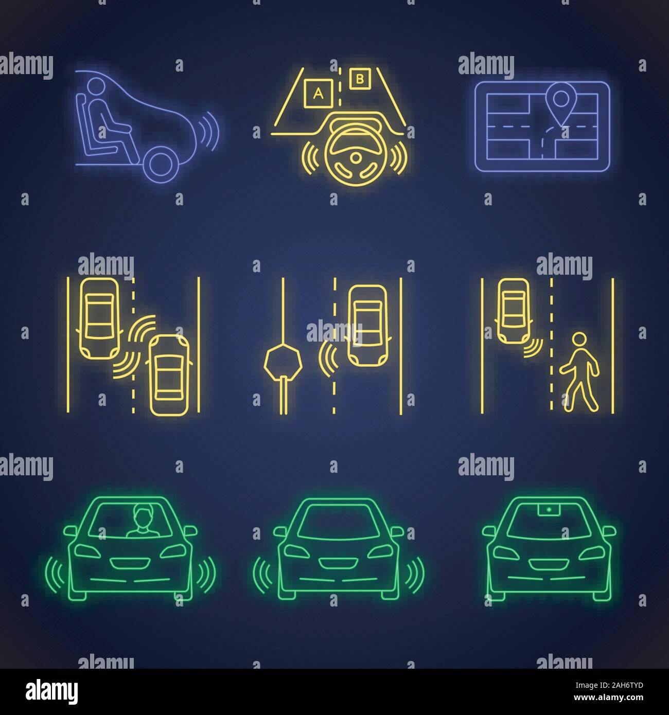 Autonomous car neon light icons set. Self-driving automobile. Sensors ...