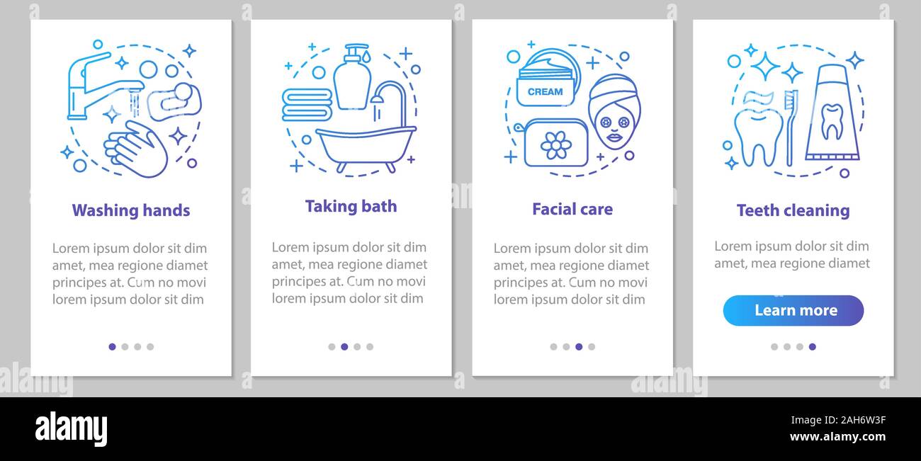 Hygiene onboarding mobile app page screen with linear concepts. Washing ...
