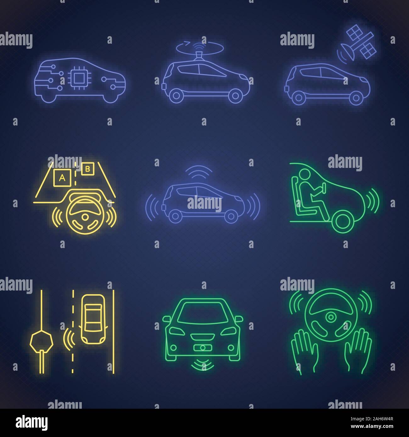 Autonomous car neon light icons set. Self-driving automobile, LIDAR ...