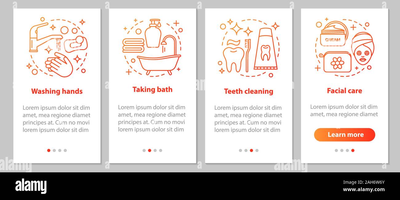 Hygiene onboarding mobile app page screen with linear concepts. Washing ...