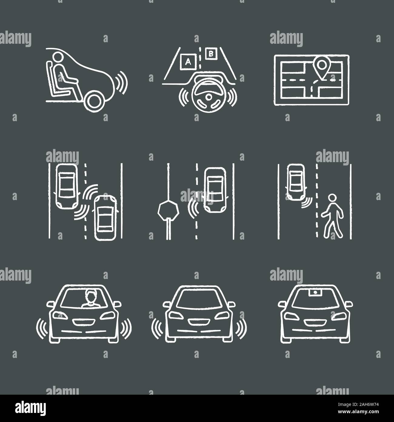 Autonomous car chalk icons set. Self-driving automobile. Sensors, video ...