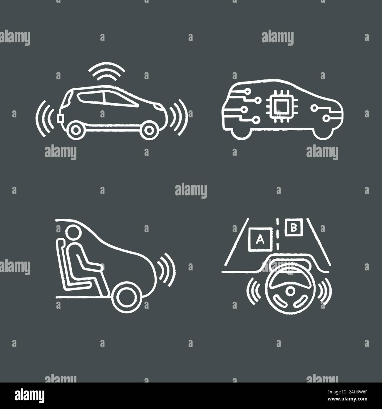 Autonomous car chalk icons set. Sensors, AI auto, full automation ... Autonomous car chalk icons set. Sensors, AI auto, full automation ...