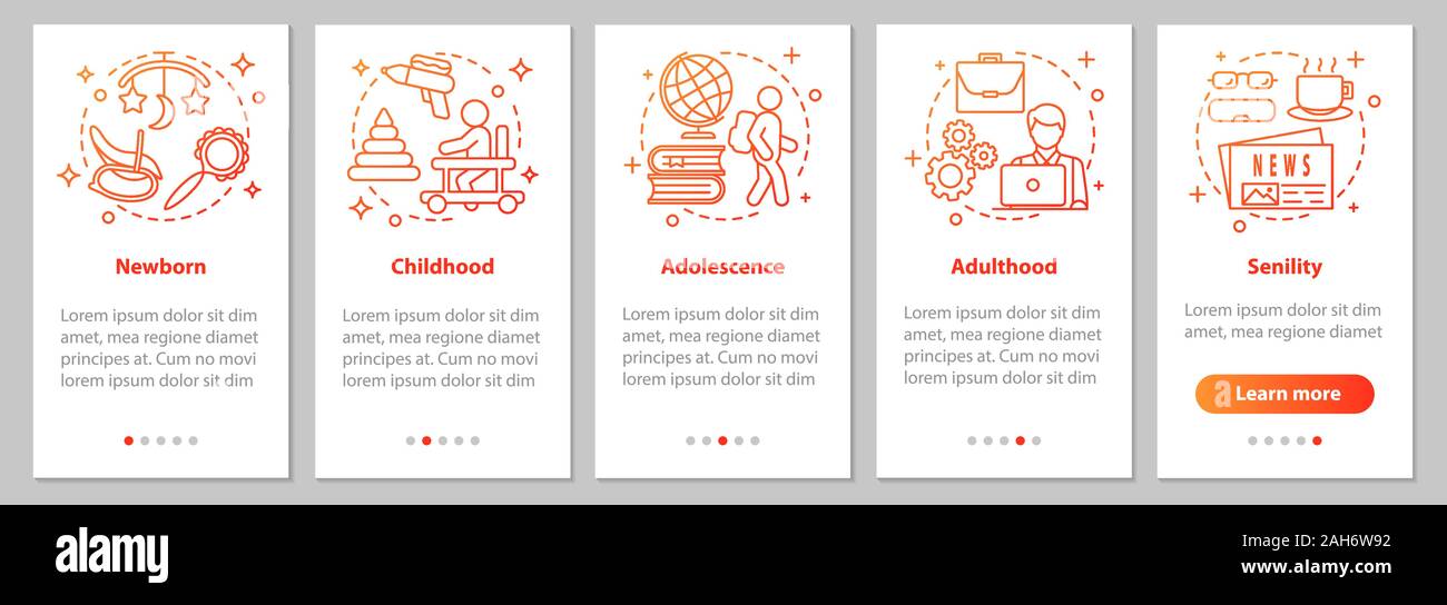Human lifecycle onboarding mobile app page screen with linear concepts. Newborn, childhood ...