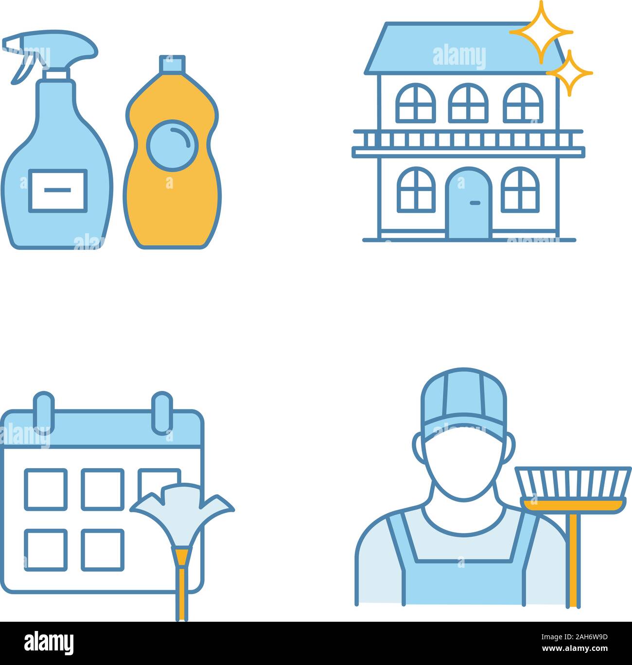 Cleaning service color icons set. Sweeper, cleaning schedule, cleaners ...