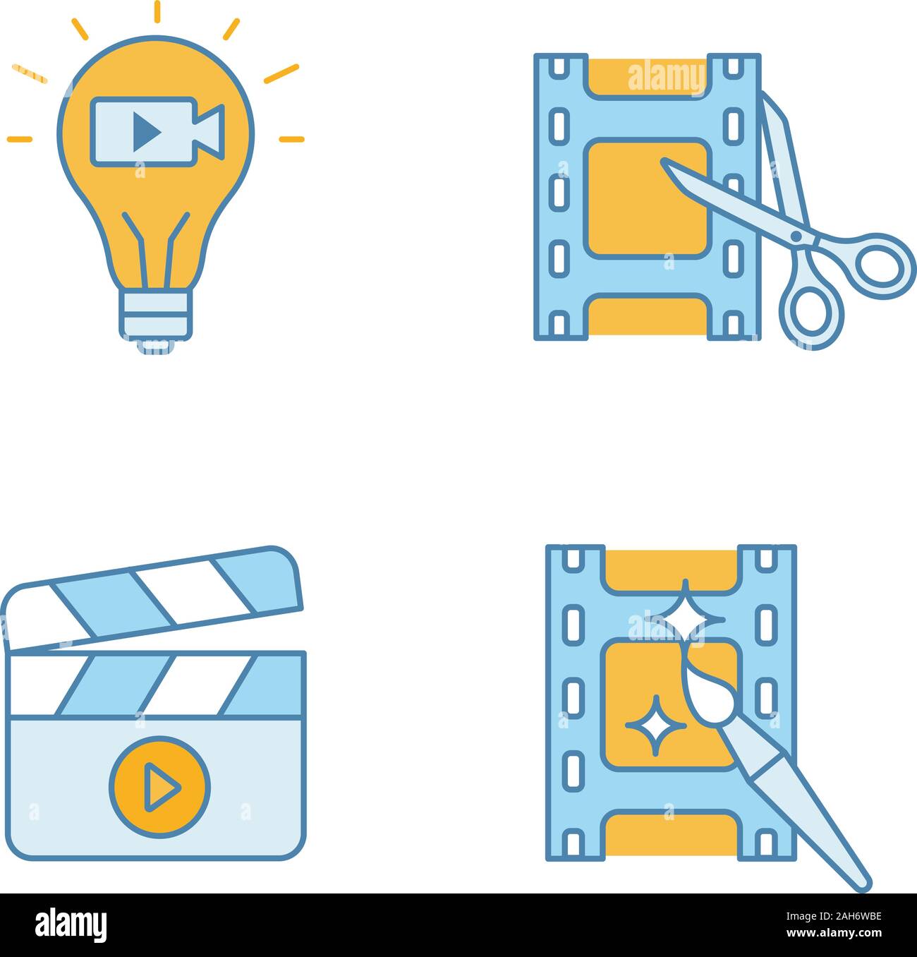 Film industry color icons set. Movie idea, video cutting and editing ...