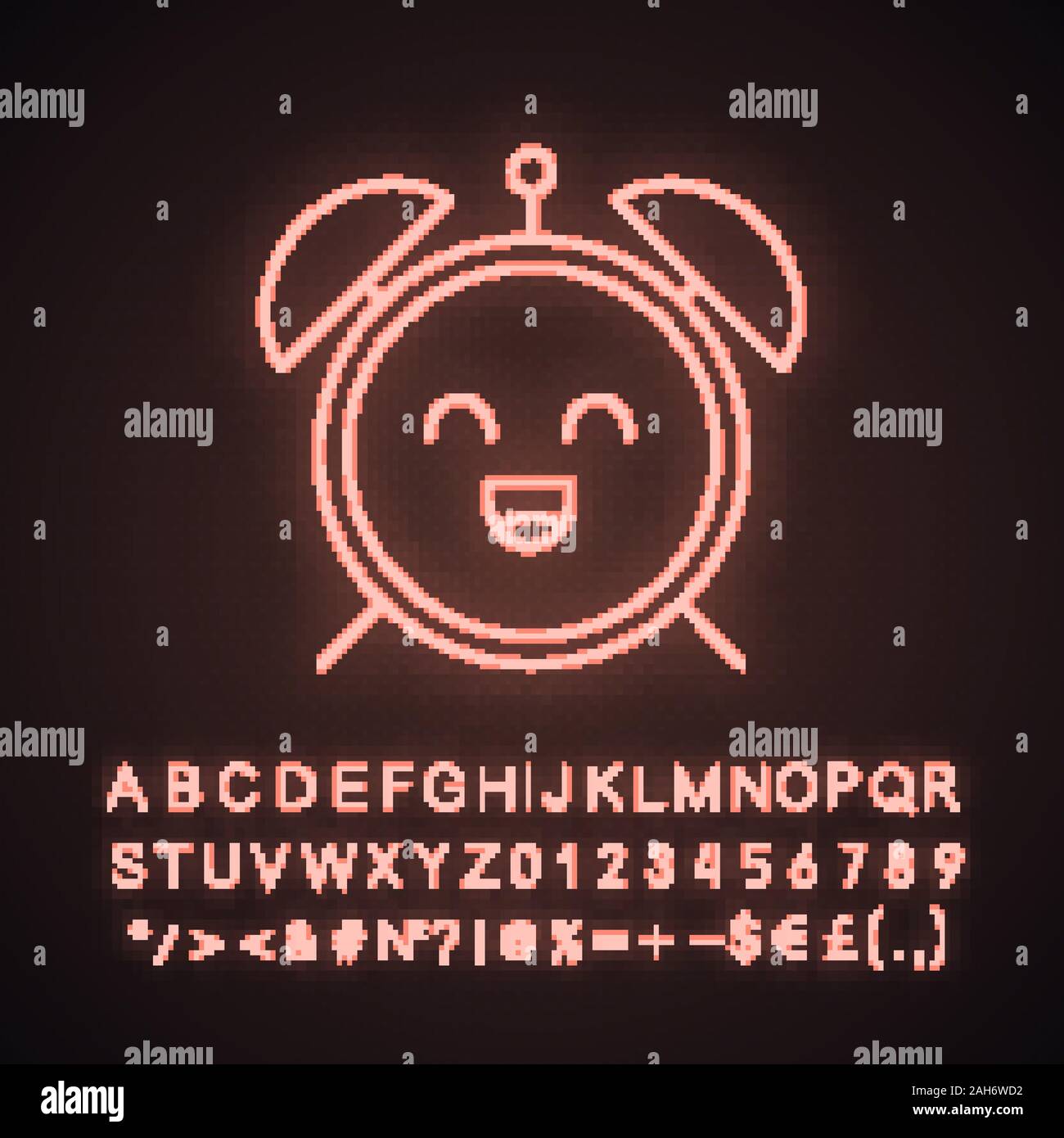 Smiling alarm clock neon light icon. Good morning. Happy morning. Emoji ...