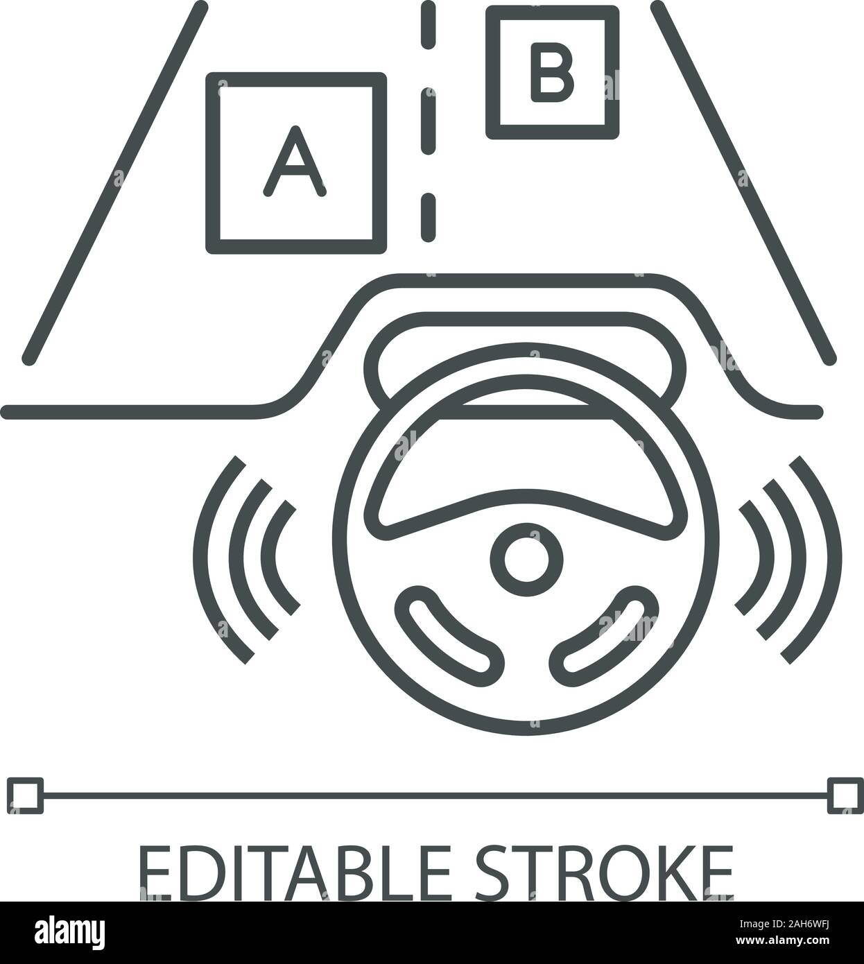 Autonomous car detecting objects linear icon. Driverless car tracking ...