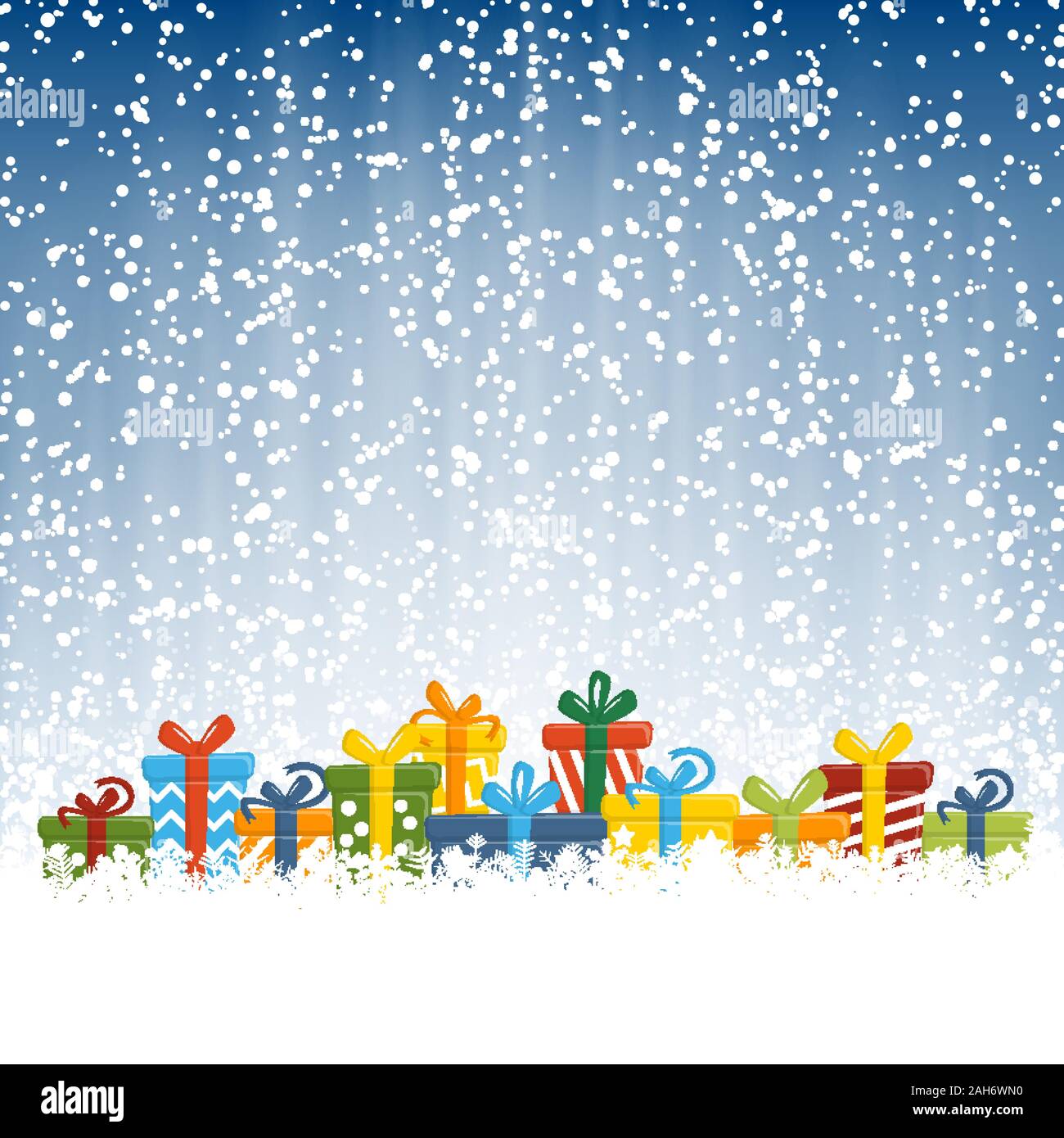 vector illustration of colored christmas presents in front of snow fall ...