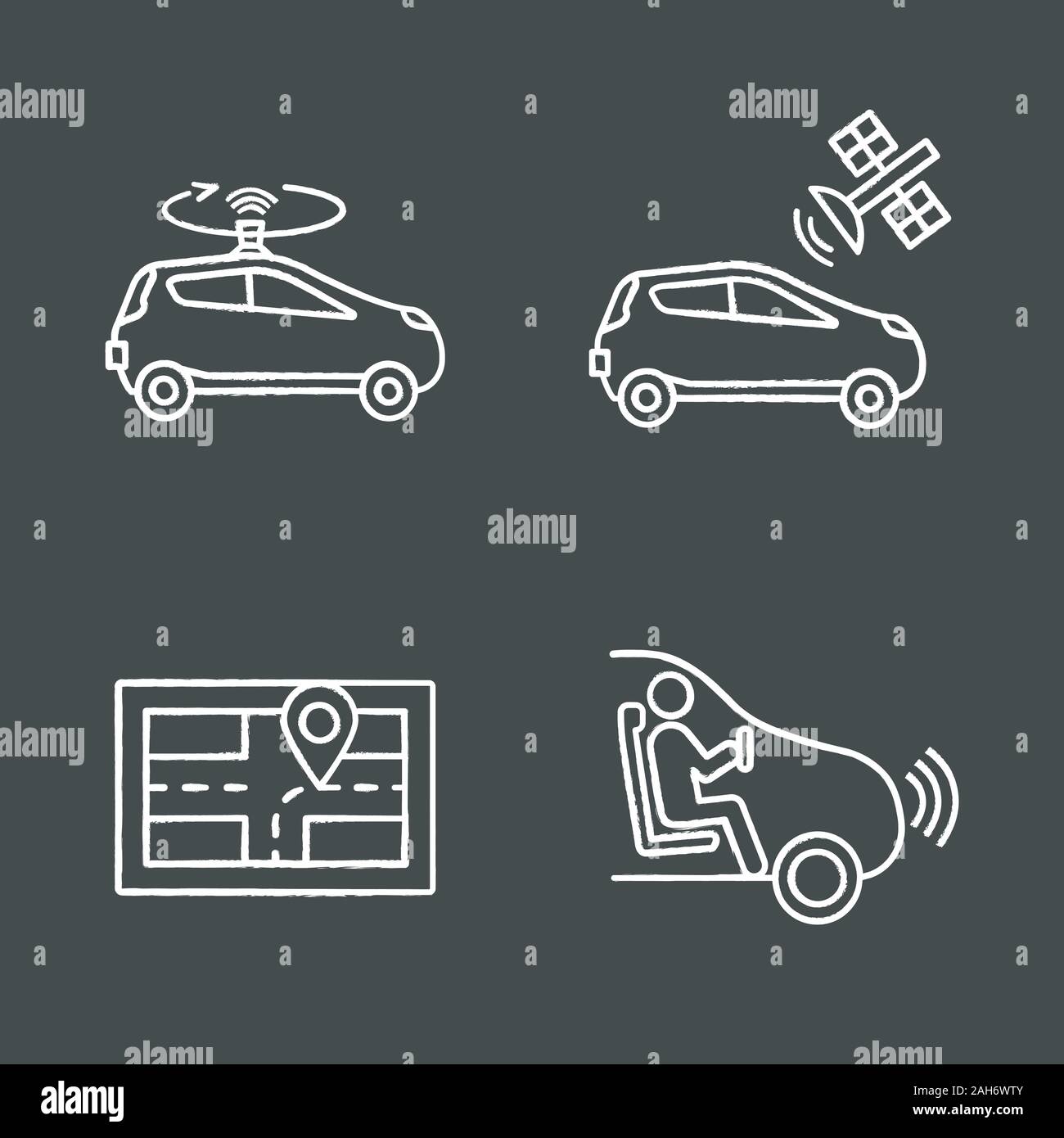 Autonomous car chalk icons set. LIDAR, auto with satellite control, GPS ...