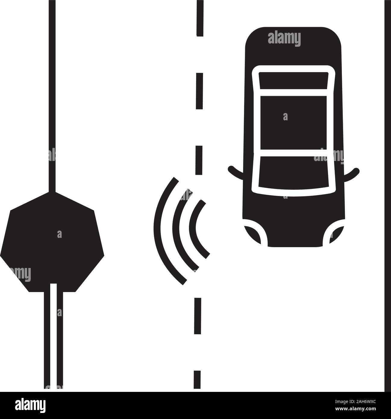 Autonomous car reading road sign glyph icon. Driverless car detecting traffic signs with video ...