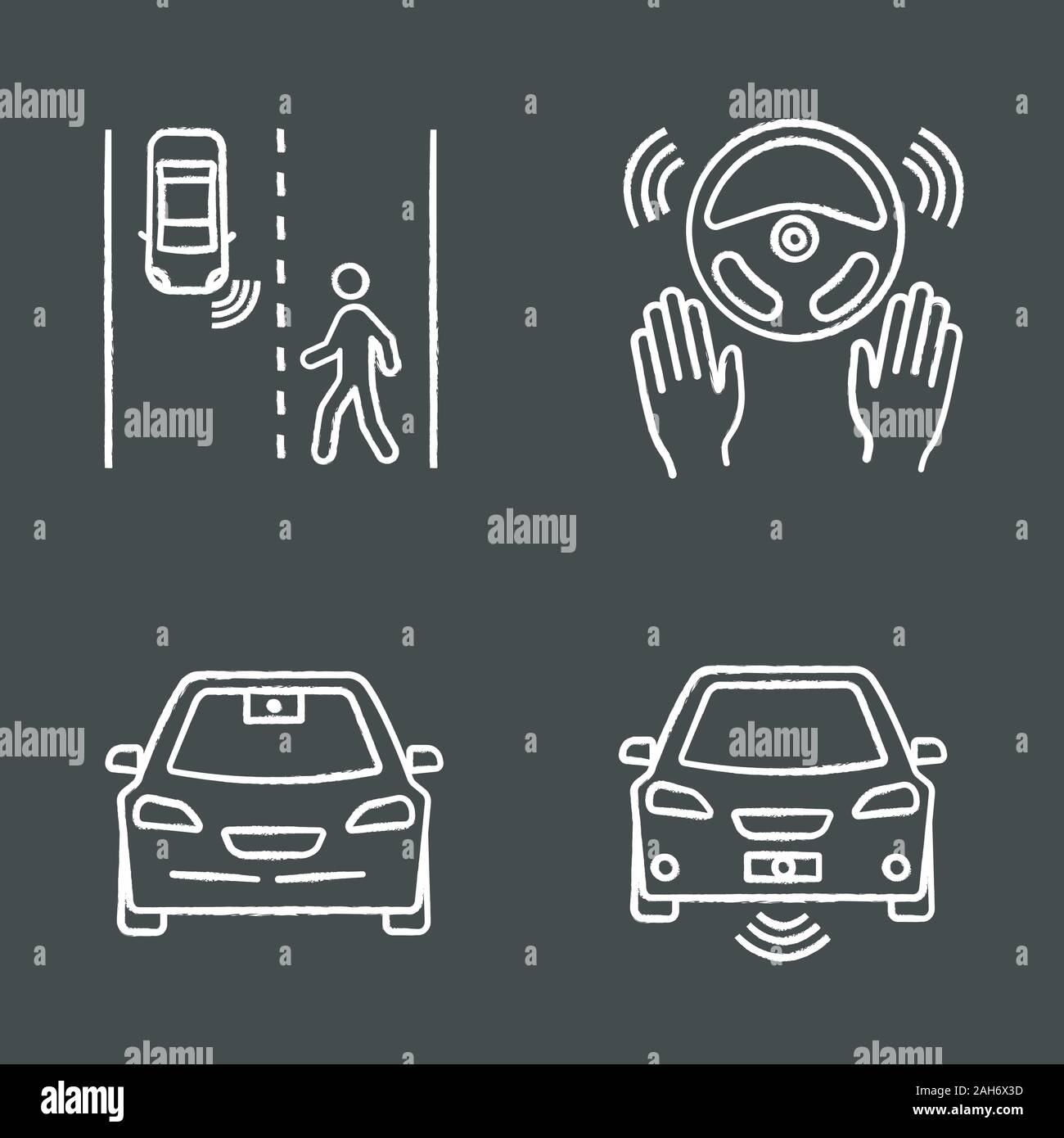 Autonomous car chalk icons set. Detecting pedestrians, full automation ...