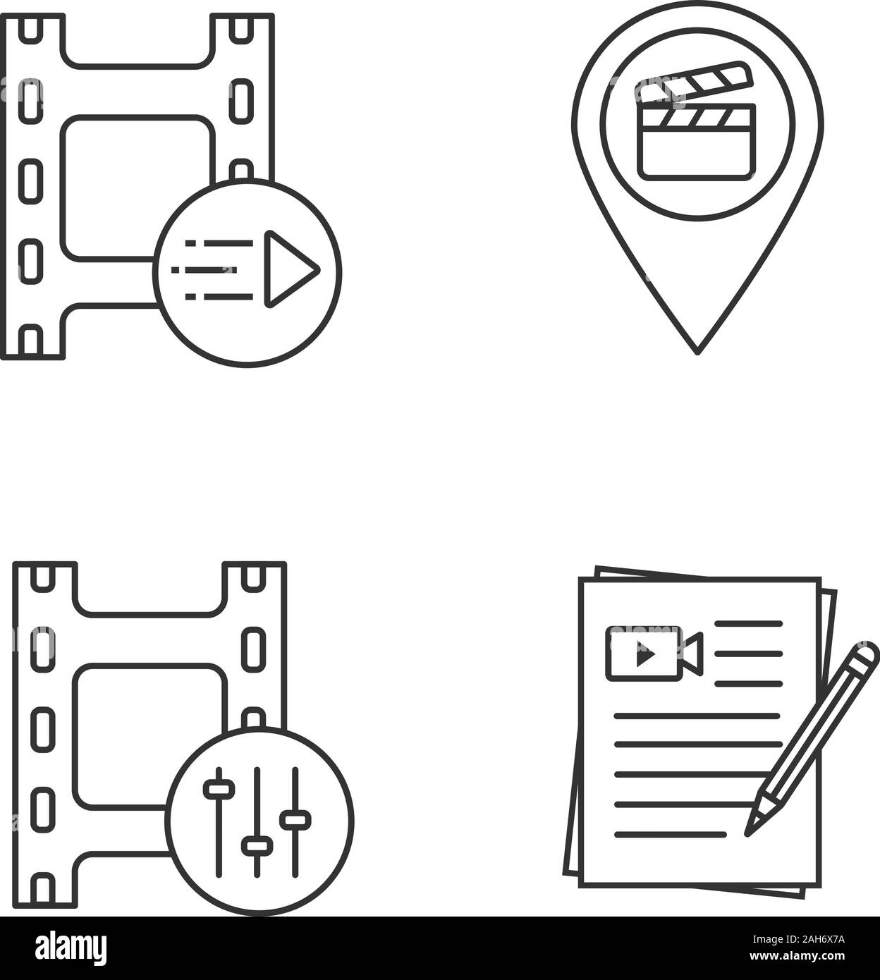 Film industry linear icons set. Motion graphics, movie locations, sound ...