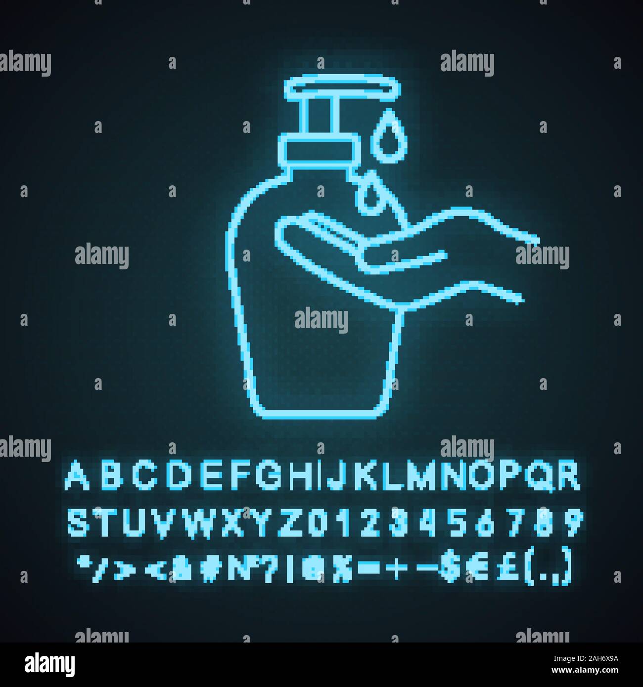 Hand soap neon light icon. Liquid antibacterial soap. Hands ...