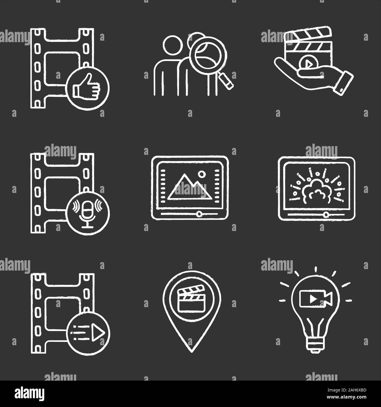Film industry chalk icons set. Post production, audience, movie release ...