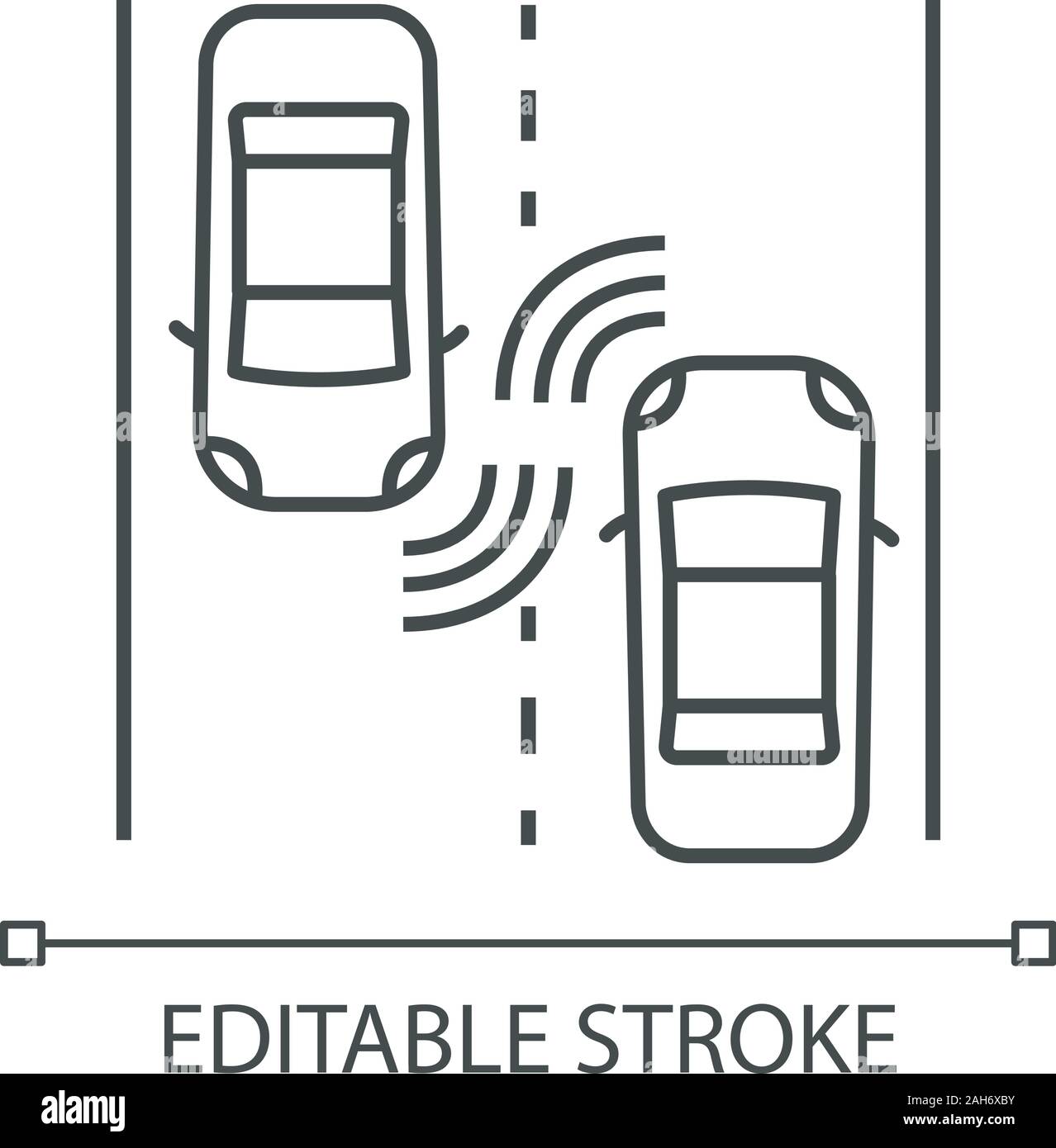Autonomous cars on road linear icon. Driverless auto radar sensor detecting other vehicles. Self ...