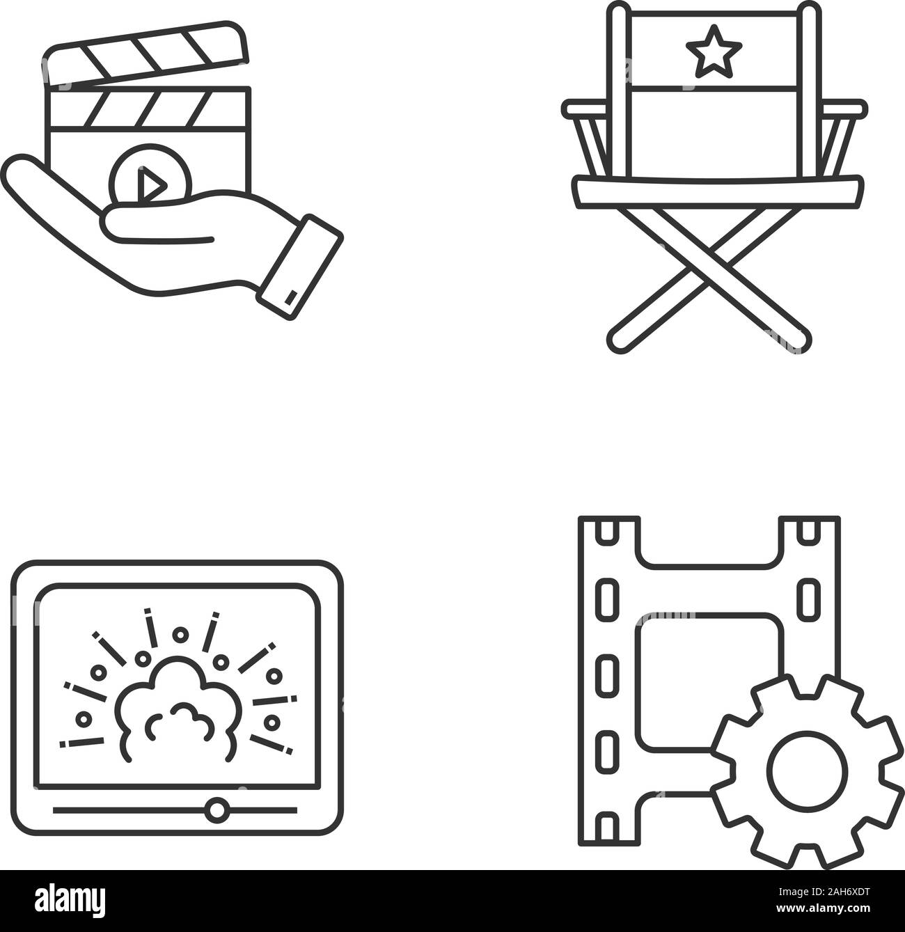 Film industry linear icons set. Movie release, director’s chair, visual ...