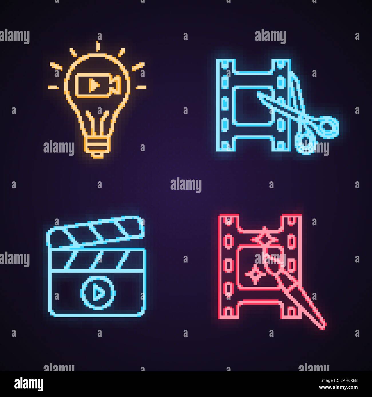 Film industry neon light icons set. Movie idea, video cutting and ...