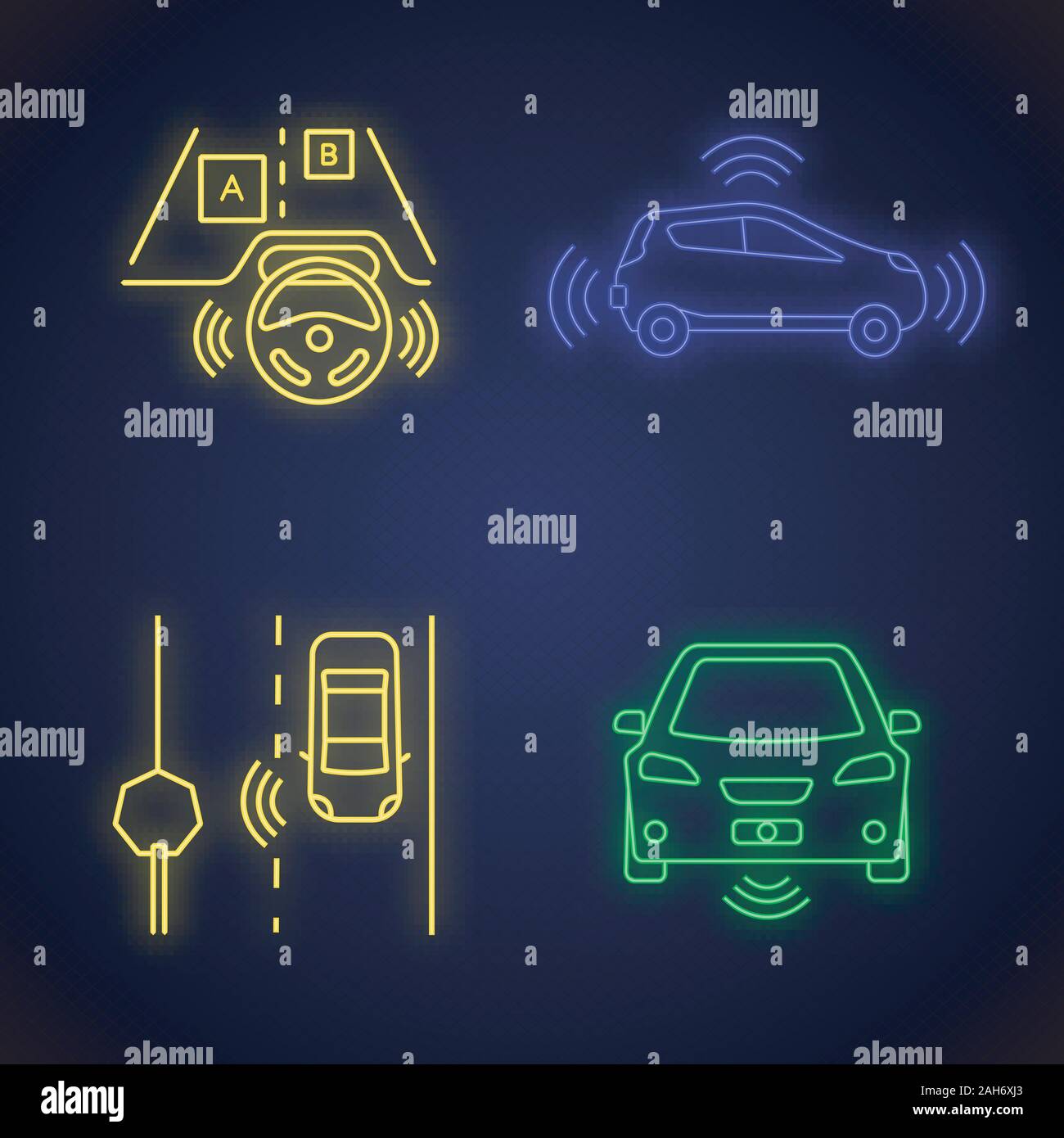 Autonomous car neon light icons set. Auto tracking objects, road signs ...