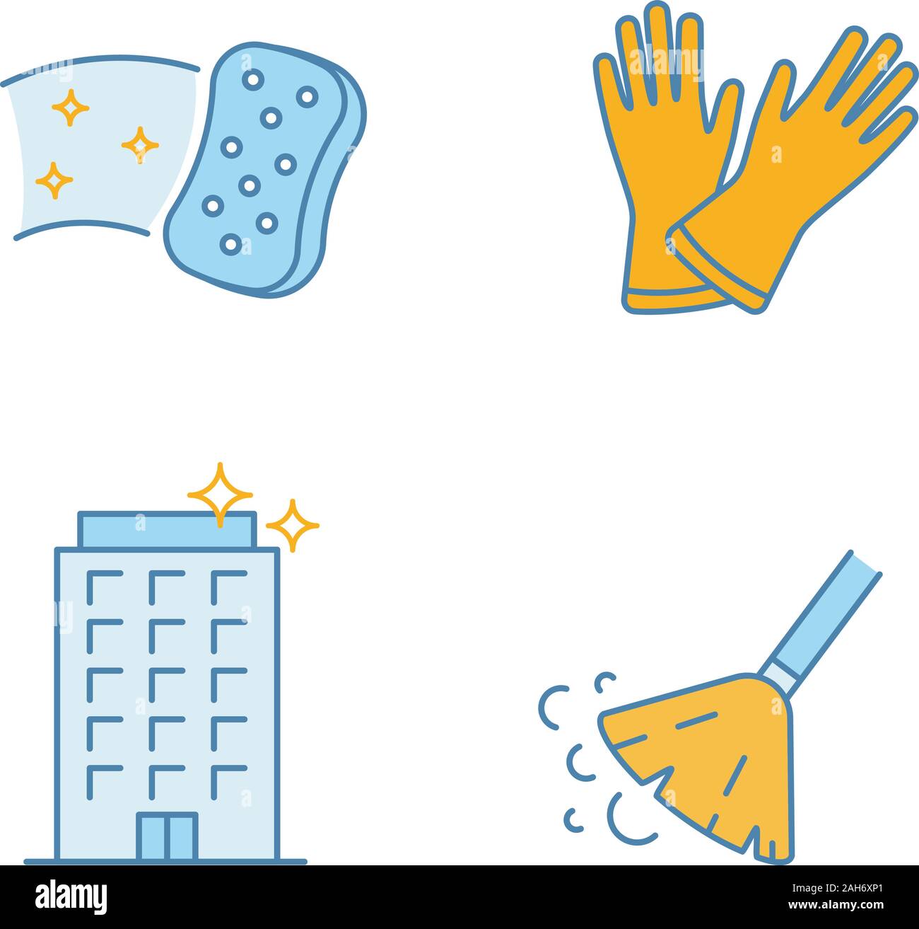 Cleaning service color icons set. Household gloves, sweeping broom ...