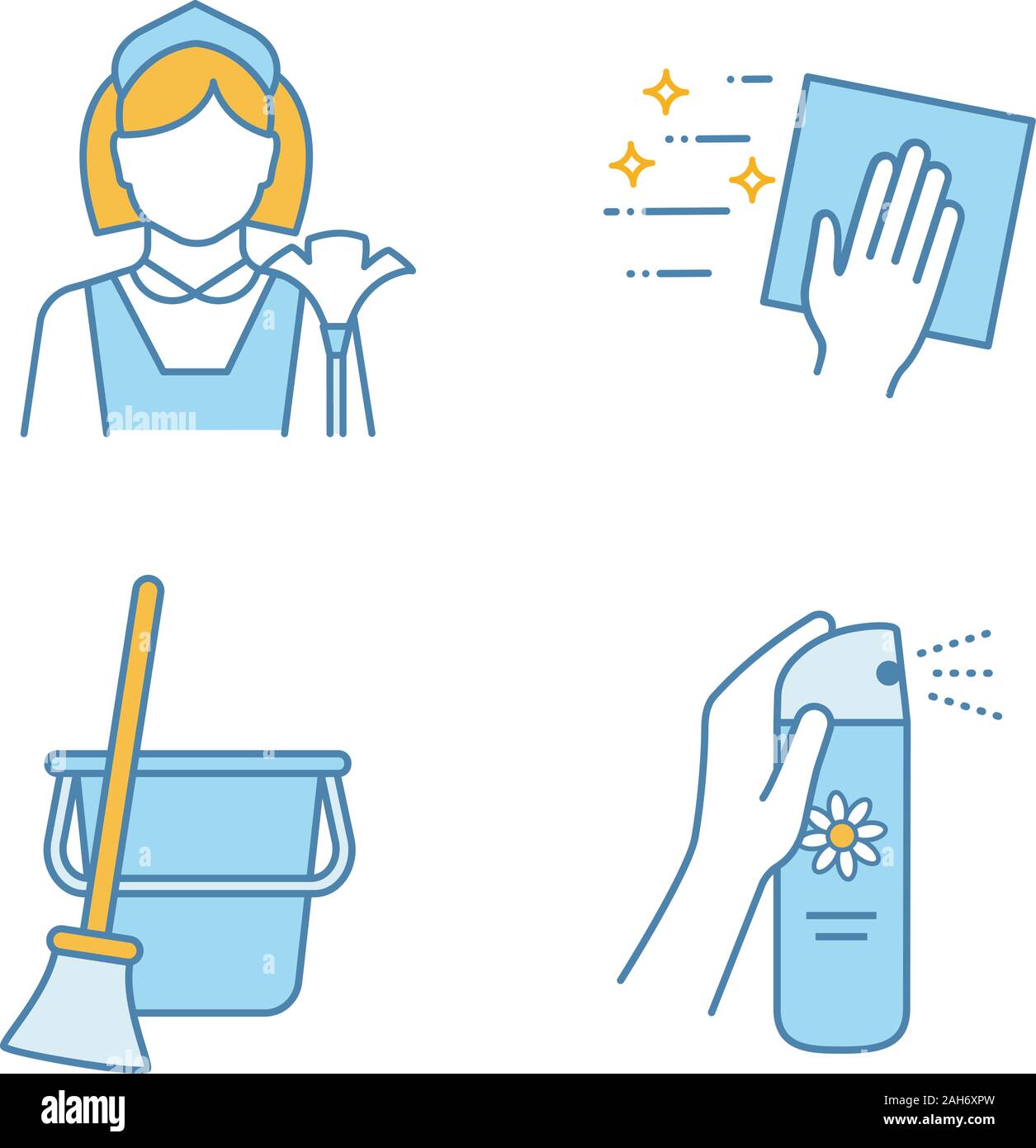 Cleaning service color icons set. Maid, cleaning napkin, broom and ...