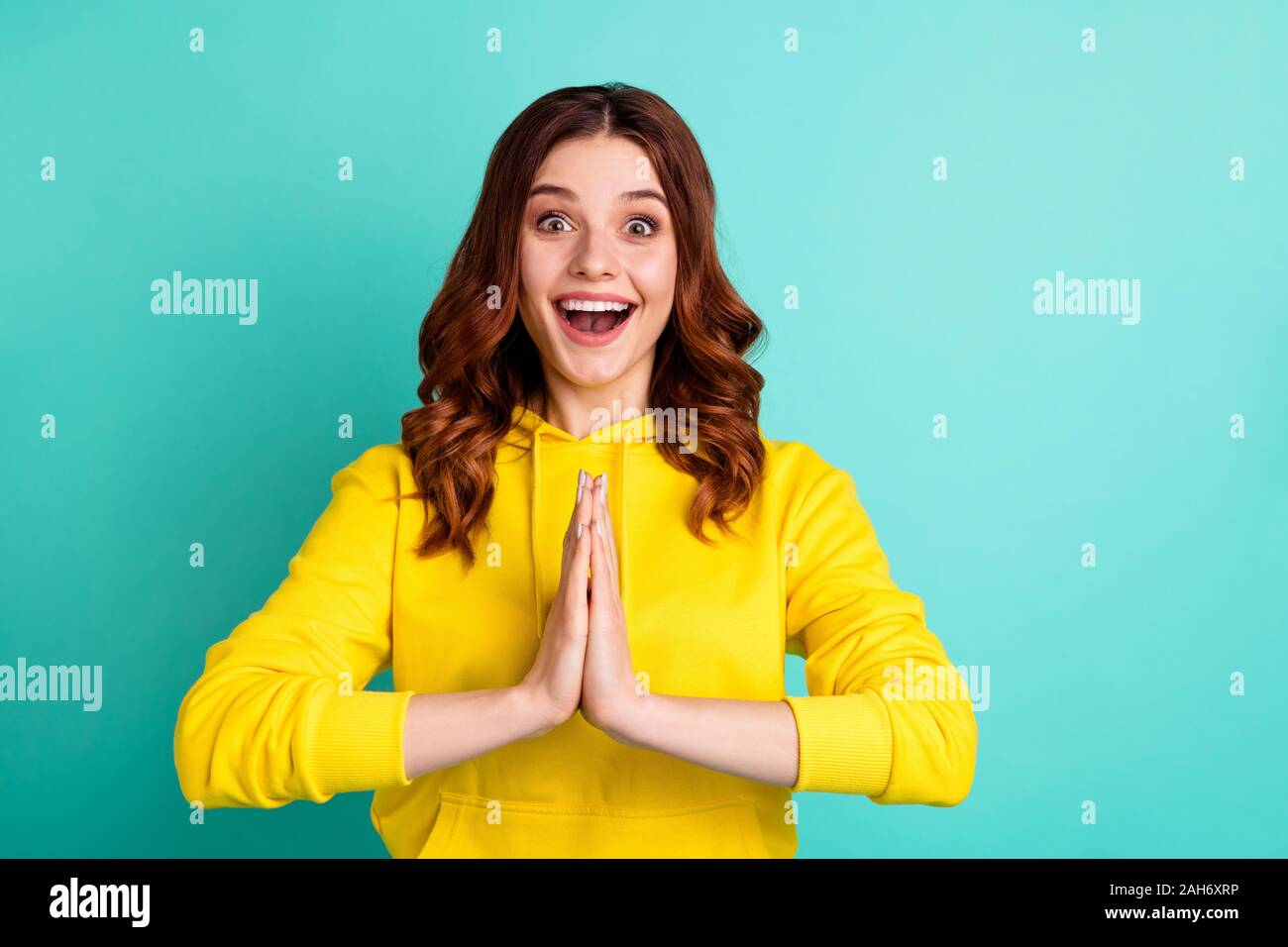 Photo of cheerful cute nice charming fascinating girlfriend begging you ...