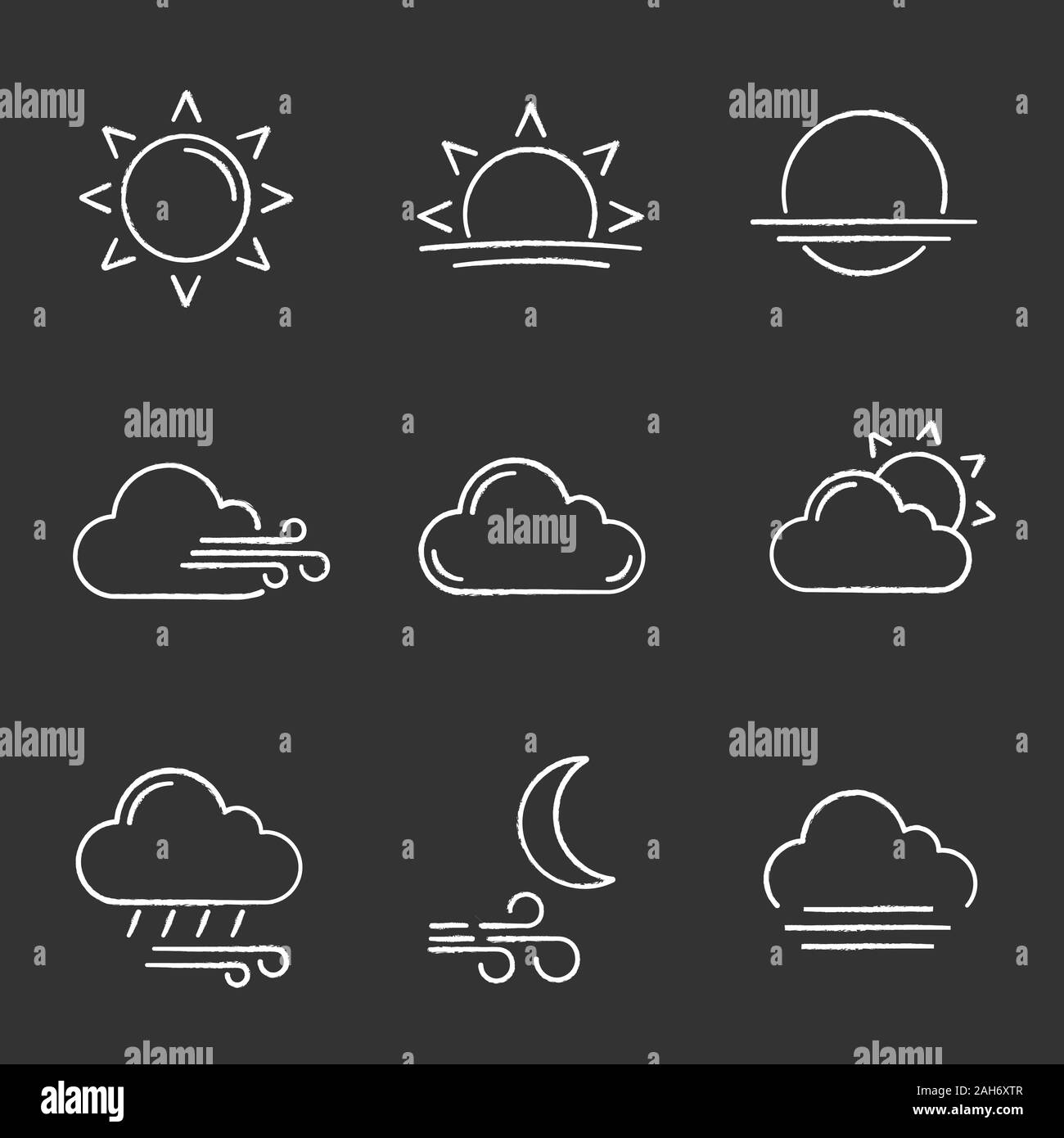Weather forecast chalk icons set. Sun, sunrise, sunset, wind, cloud, partly cloudy weather ...