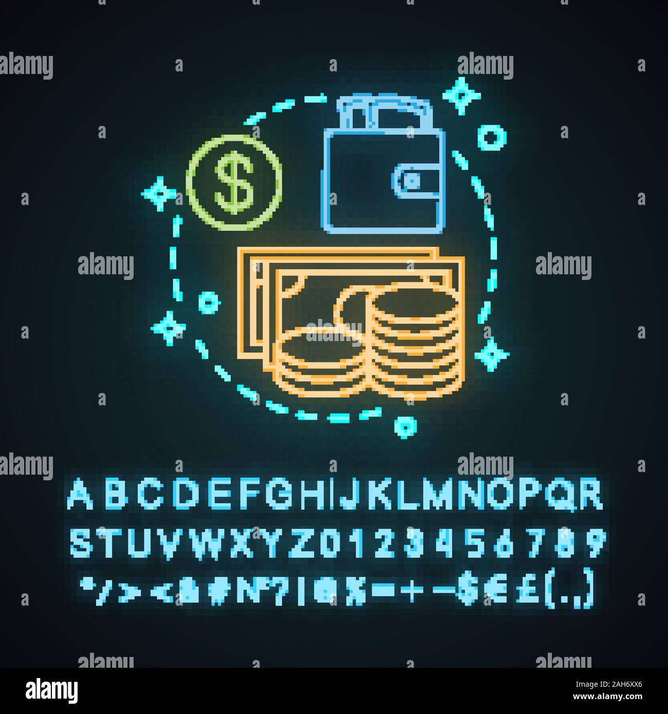 Cash neon light concept icon. Money. Savings idea. Banknotes, coins and ...