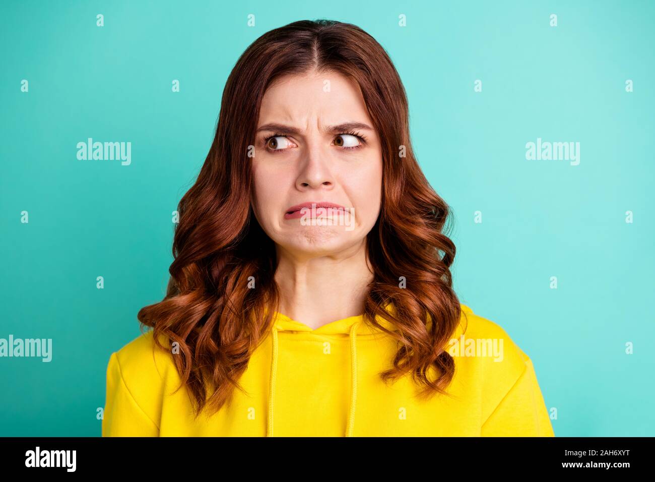 Close up photo of disgusted youngster envious with hating facial ...