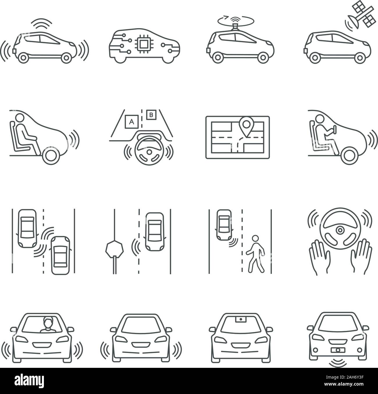 Autonomous car linear icons set. Intelligent auto detecting other ...