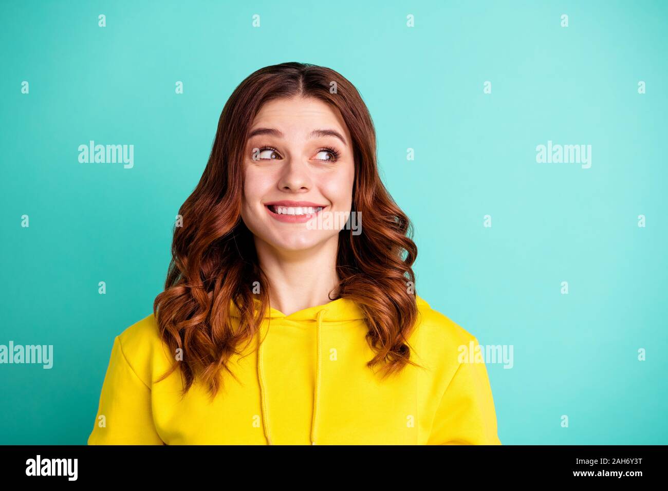 Close up photo of cheerful charming wavy cute nice lovely girl ...