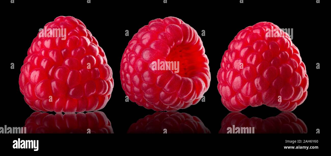 Set of raspberry with reflection and clipping path isolated on black ...