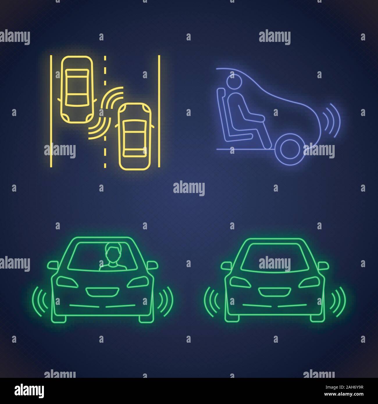 Autonomous car neon light icons set. Self-driving auto sensors ...