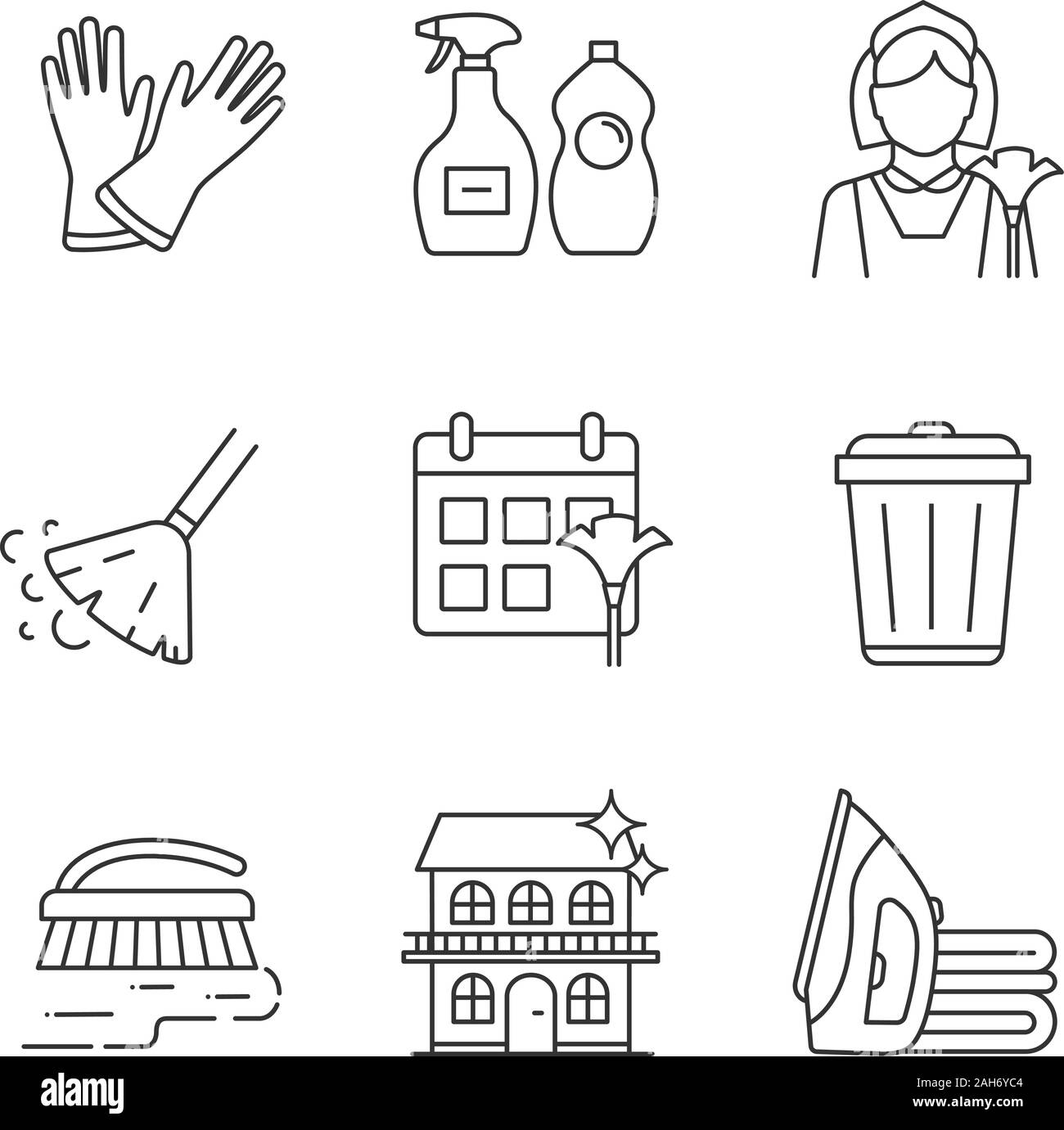 Cleaning service linear icons set. Household gloves, detergents, maid ...