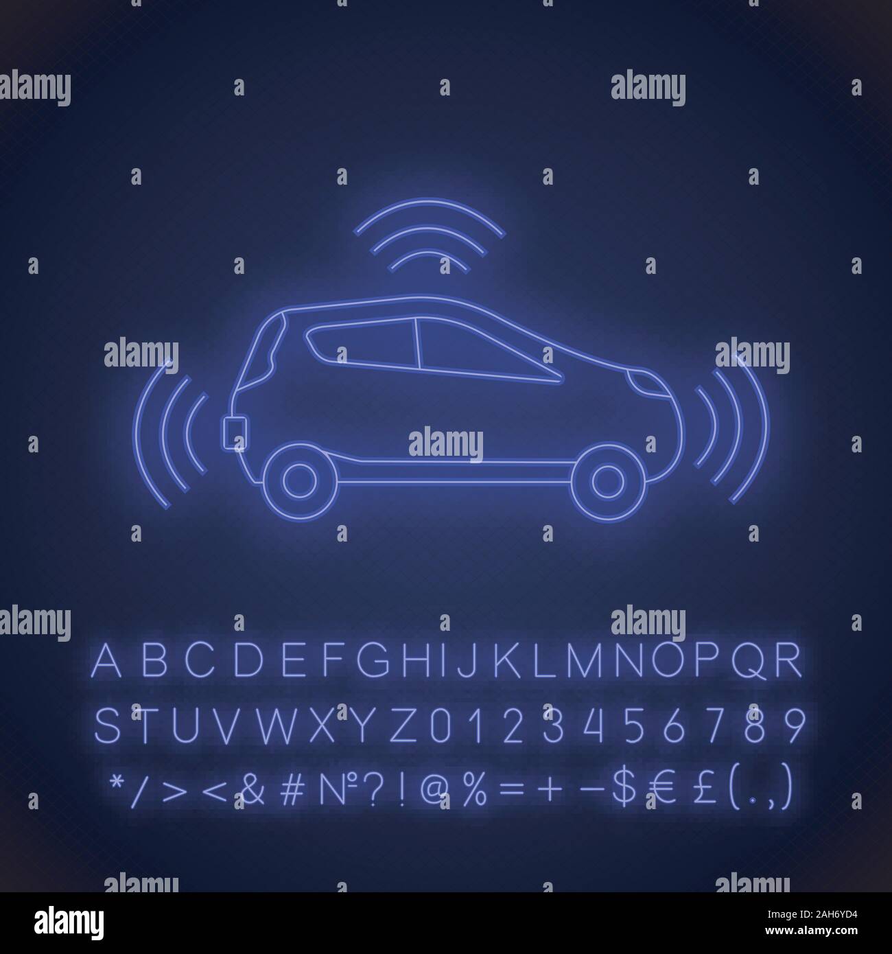 Autonomous car in side view neon light icon. Smart car with sensors ...