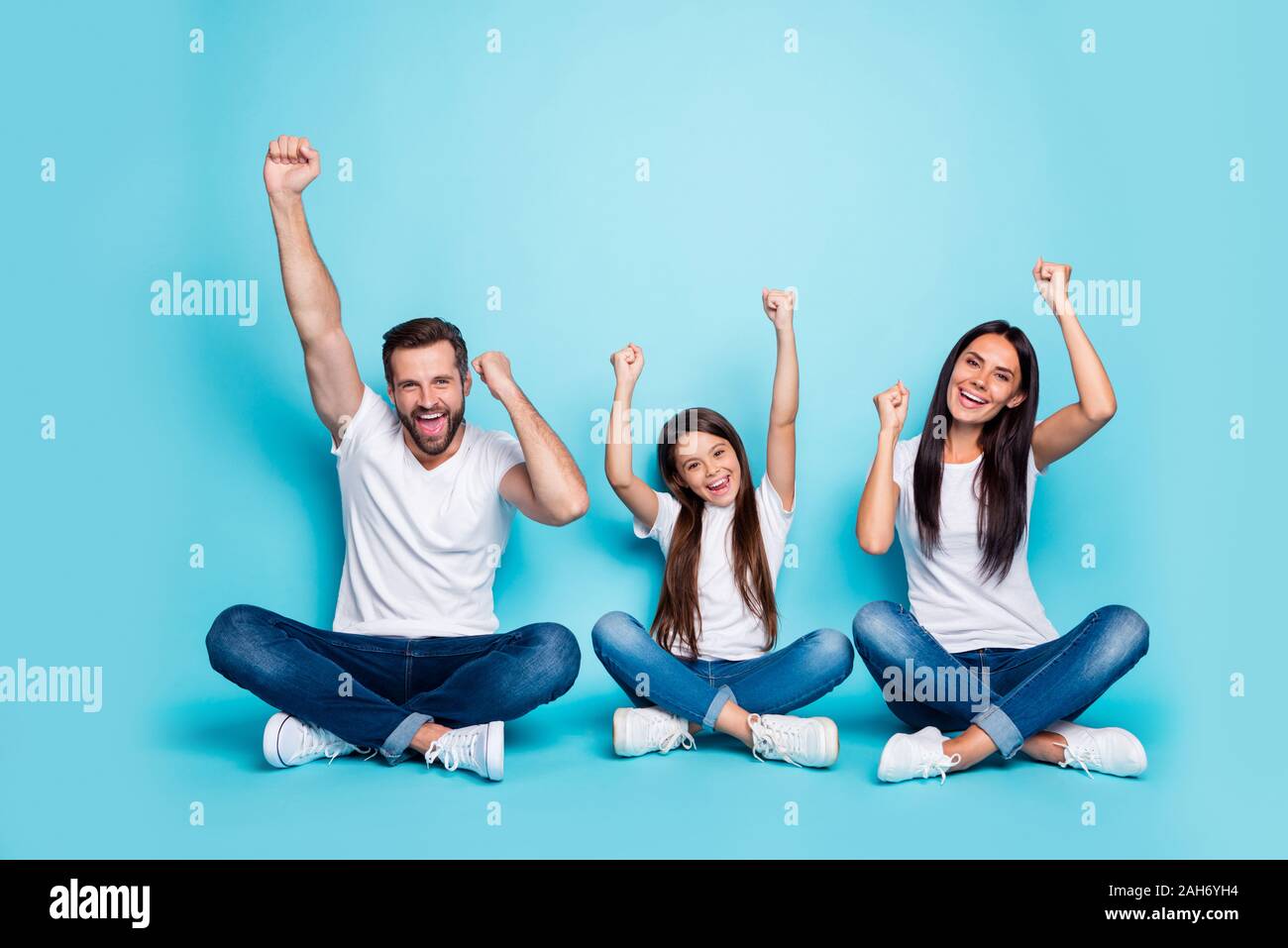 Full length body size photo of charming beautiful funny funky family ...