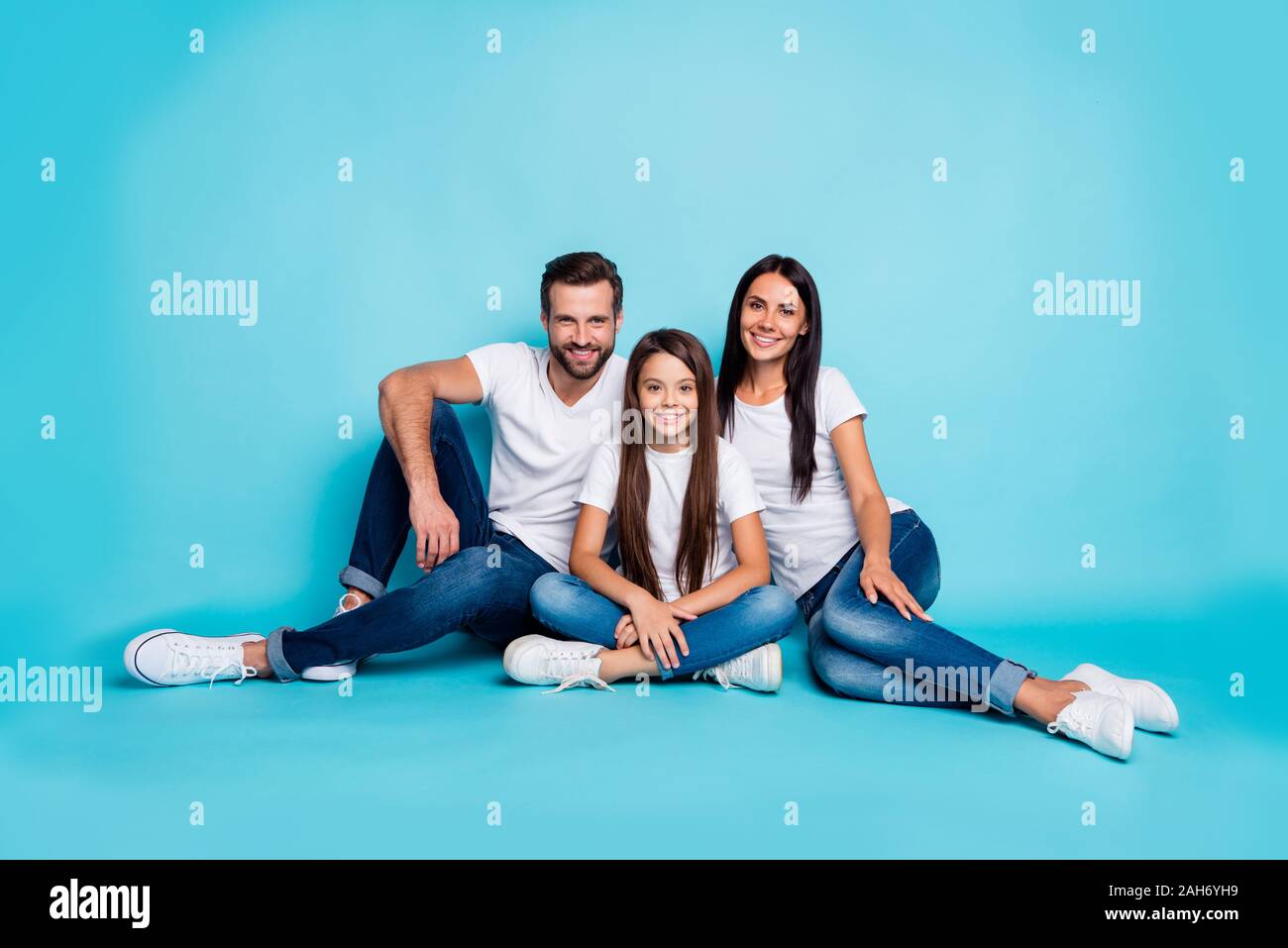 Full length body size photo of charming nice family wearing jeans t ...